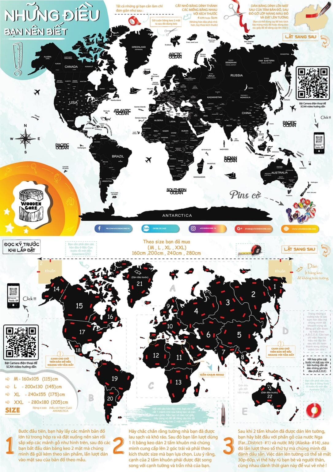 Bản Đồ Thế Giới Bằng Gỗ 3D - Mix 4 màu (Butter) - Woodencore