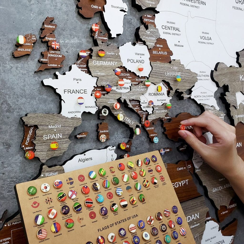 Bản Đồ Thế Giới Bằng Gỗ 3D - Mix 3 màu (Chocolate) - Woodencore