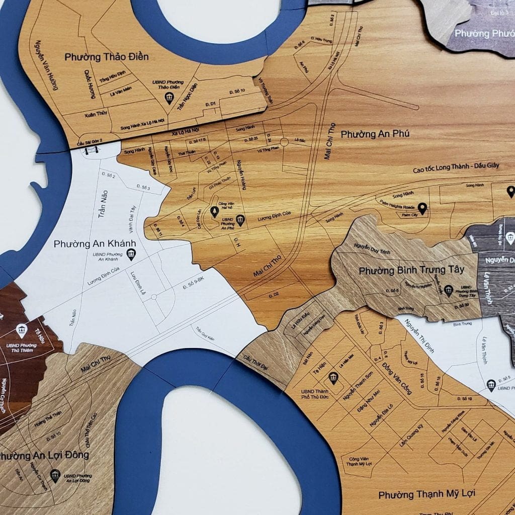 Bản Đồ Thành Phố Thủ Đức Bằng Gỗ 3D - Mix 6 màu - Flower - Woodencore