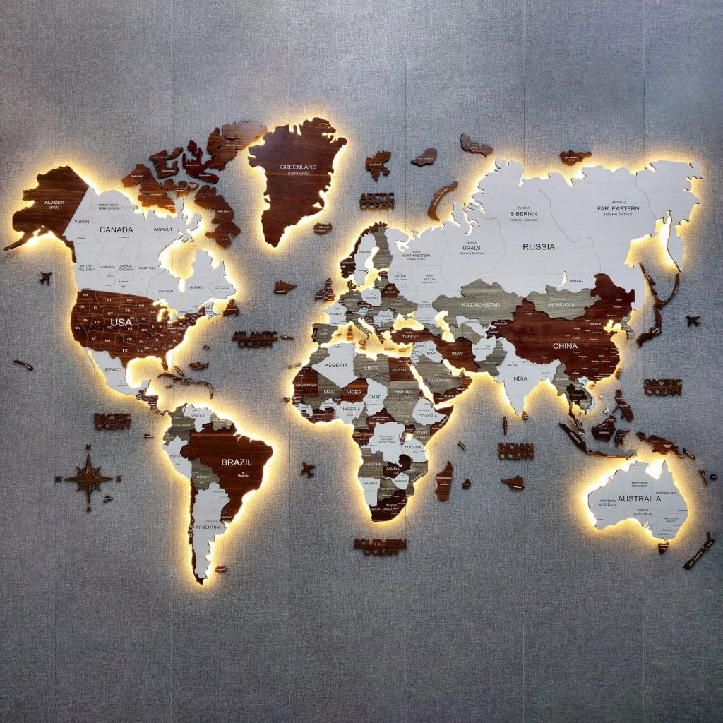 Bản Đồ Thế Giới Bằng Gỗ 3D - LED (Sandy) - Woodencore
