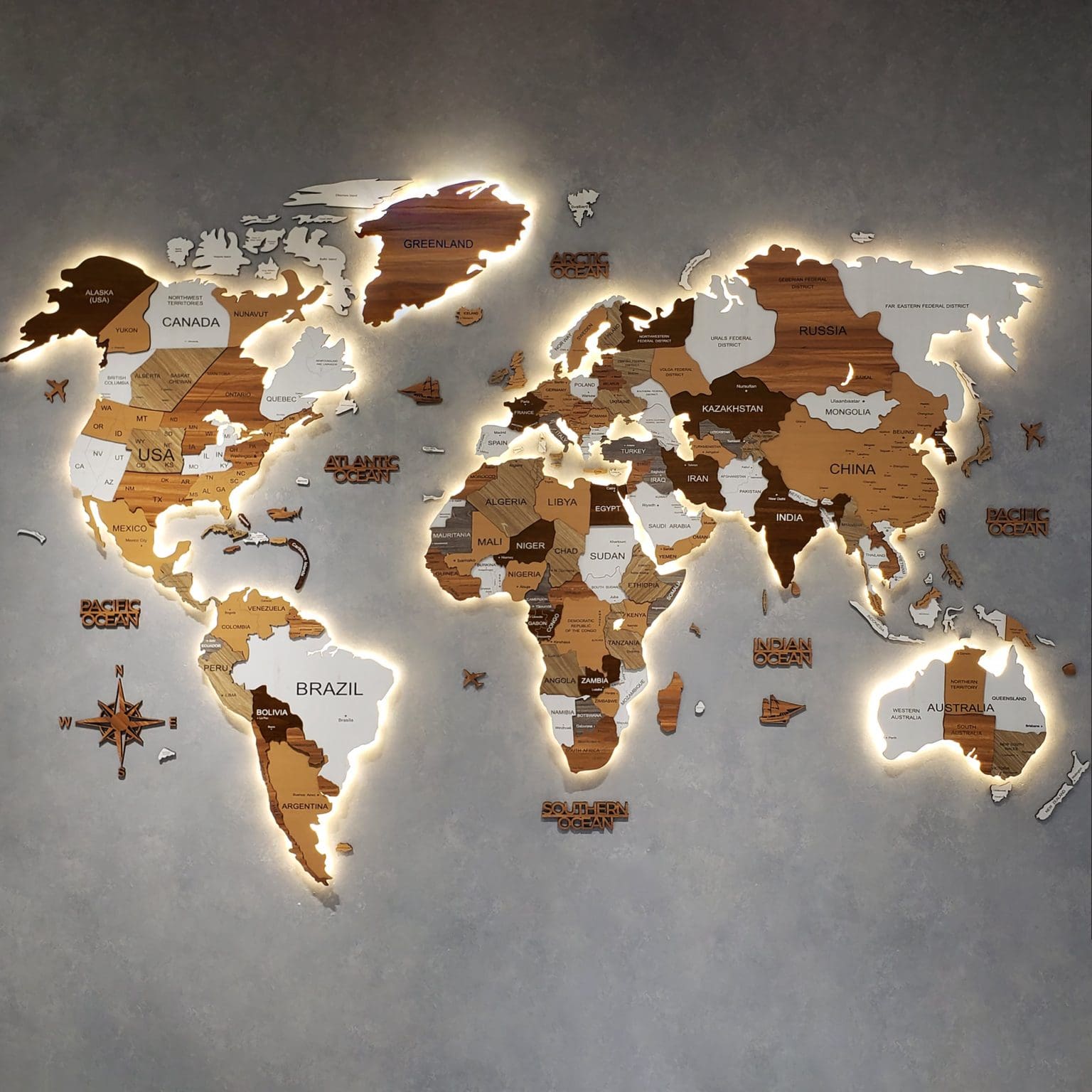 Bản Đồ Thế Giới Bằng Gỗ 3D - Mix 4 màu (Butter) - Woodencore