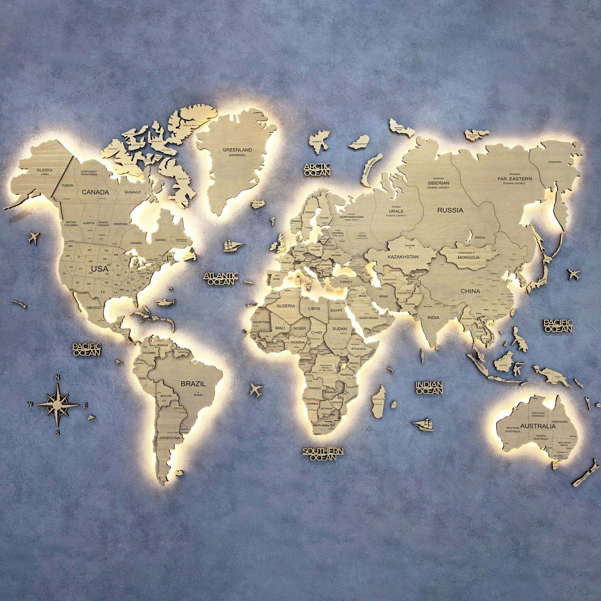 Bản Đồ Thế Giới Bằng Gỗ 3D - LED (Sandy) - Woodencore