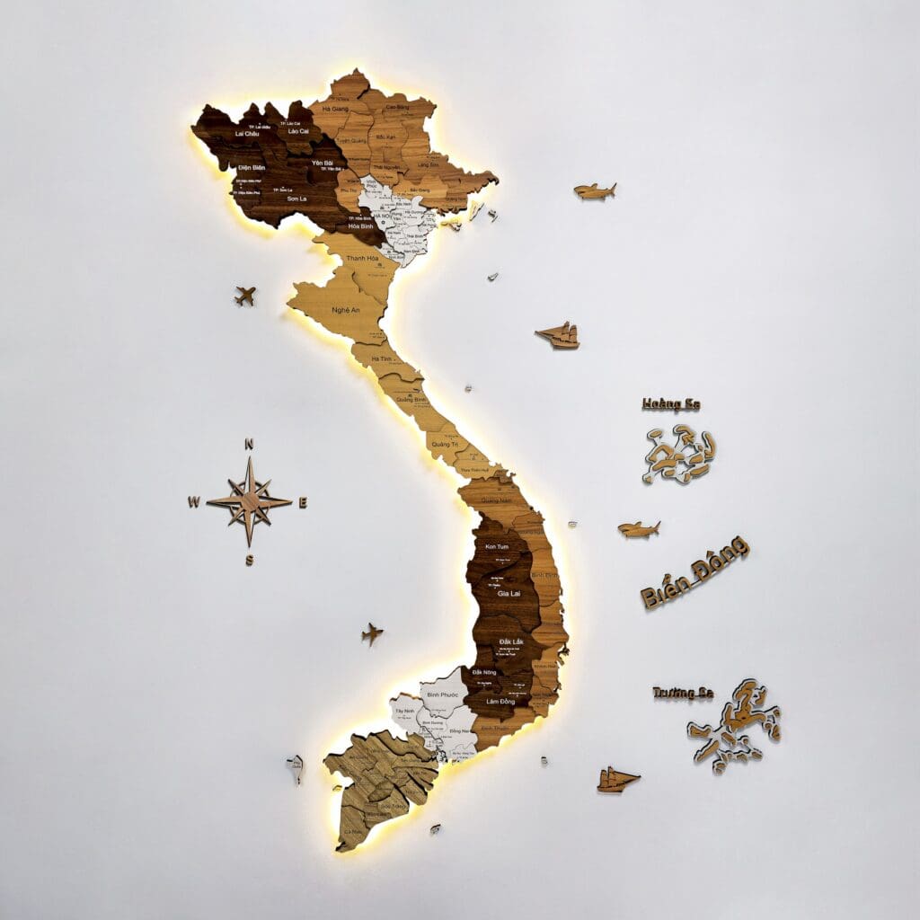 Bản Đồ Việt Nam Bằng Gỗ 3D - Mix 6 màu - LED (Flower) - Woodencore