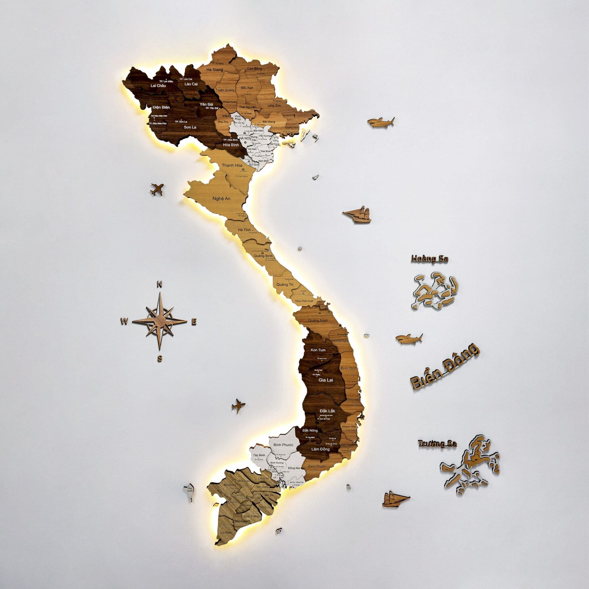 Bản Đồ Việt Nam Bằng Gỗ 3D - Mix 6 màu - LED (Flower) - Woodencore